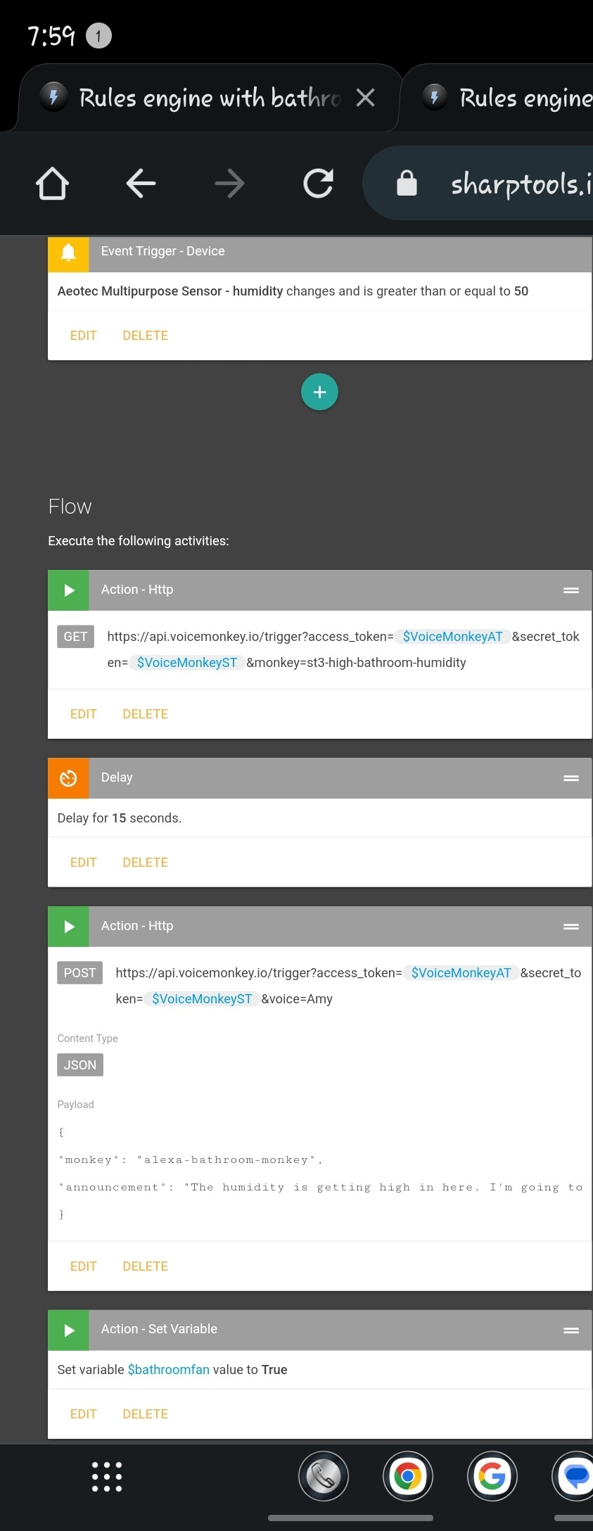 Rules engine with bathroom fan sensor - SharpTools.io (web) - SharpTools Community
